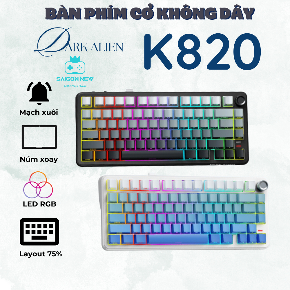 Bàn phím cơ không dây Dark Alien K820 mạch xuôi - Hỗ trợ hotswap mạch 5pin - Có núm xoay tiện ...