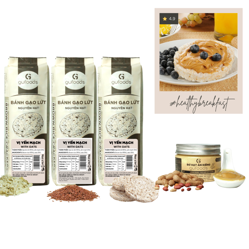 Combo Bánh gạo lứt GUfoods (510g) + Bơ hạt đậu phộng GUfoods (150g ...