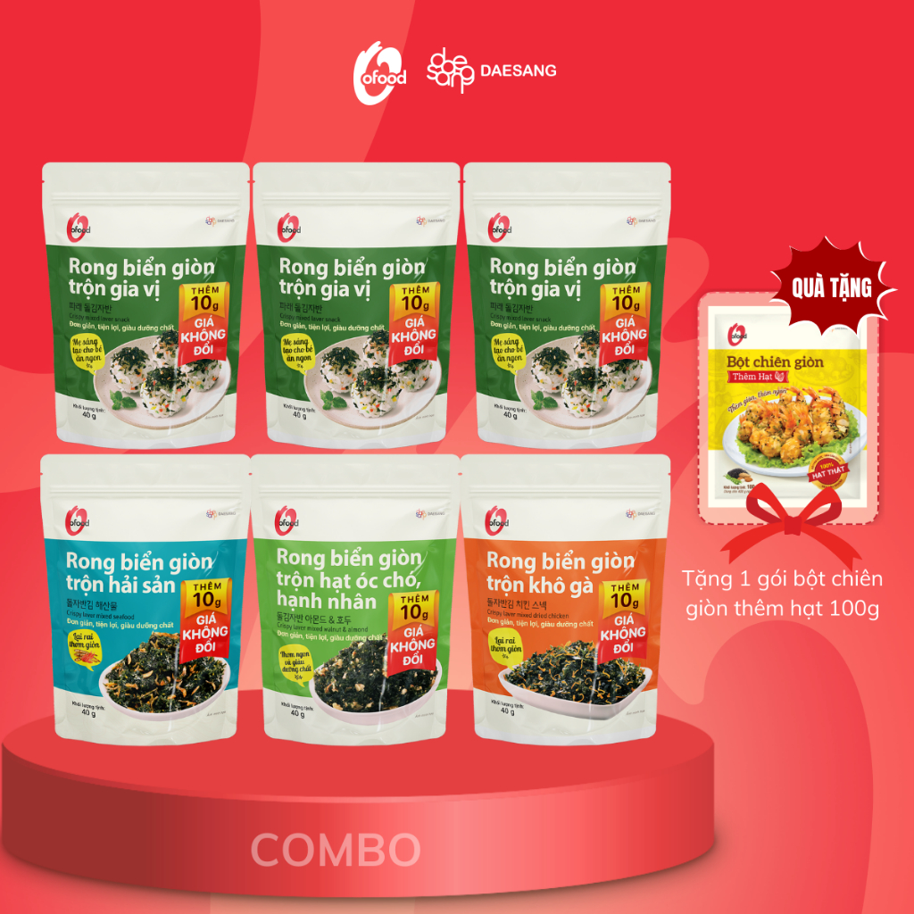 [Tặng bột chiên giòn 100G] Combo 6 rong biển giòn 40g O'food trộn 4 vị ...