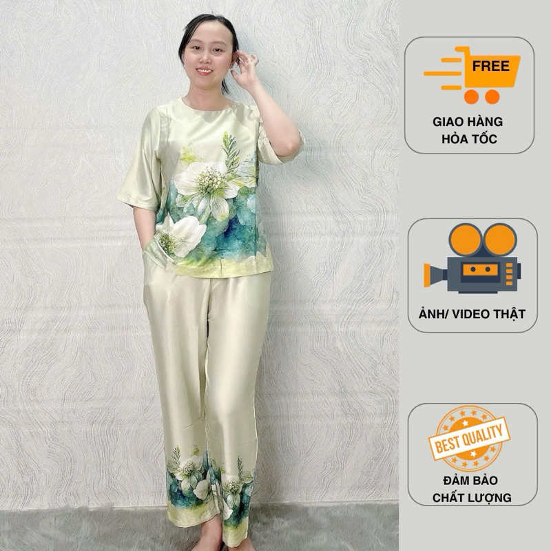 Đồ bộ trung niên Huy Hà lụa latin tay lở, quần ống suông, dài 9 tấc, đồ mặc nhà trung niên size ...