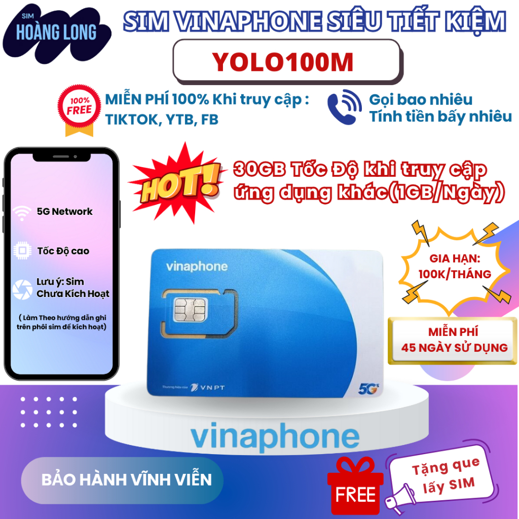 SIM Vinaphone 4G 5G (YOLO100M) Miễn Phí TikTok, YTB, FB 30GB Data Tặng Que Chọc Sim BH Vĩnh Viễn ...