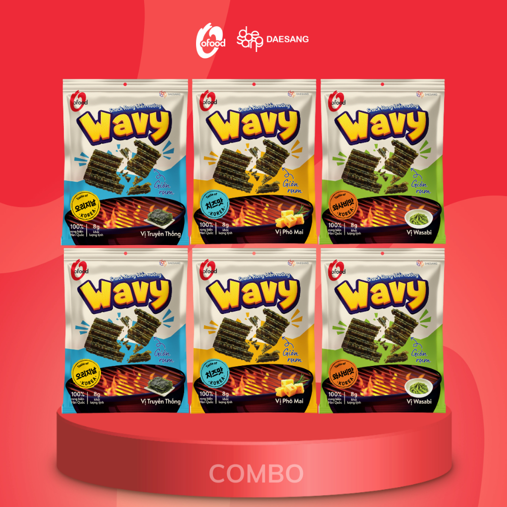 Combo 6 gói Snack Rong biển nướng Wavy 8g O'Food 3 Vị wasabi, truyền ...