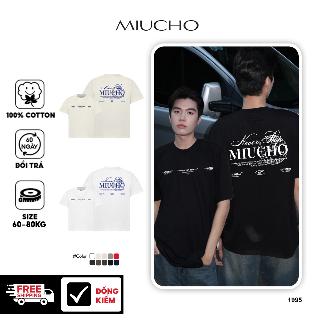 Áo phông nam basic form rộng 1995 Miucho Club cổ tròn vải cotton 2c ...