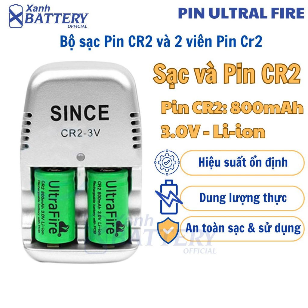 Bộ sạc Pin Since Cr2 3V và 2 viên Pin Cr2 800mAh 3V Ultrafire Sạc và sử ...