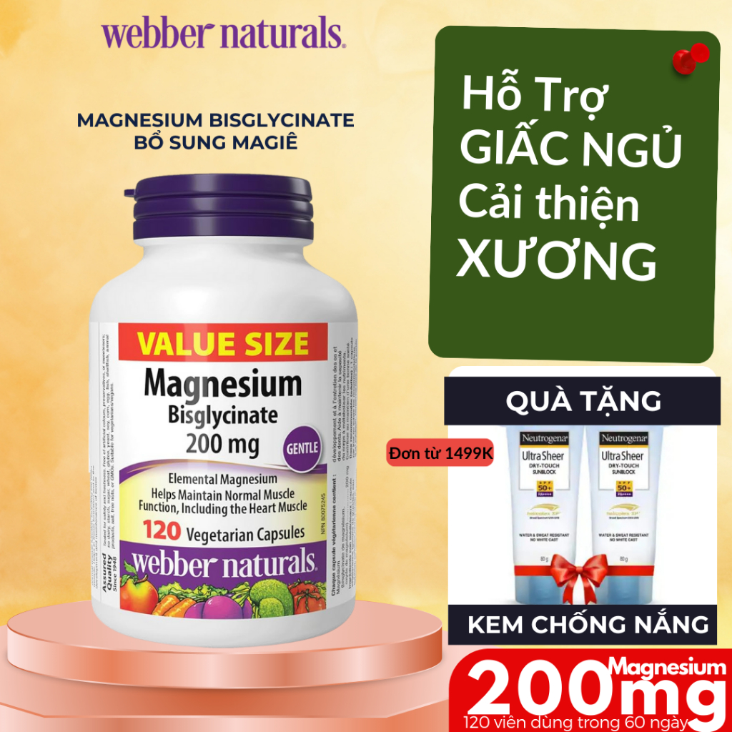 Viên uống bổ sung Magiê Webber Naturals Magnesium Bisglycinate 200mg ...