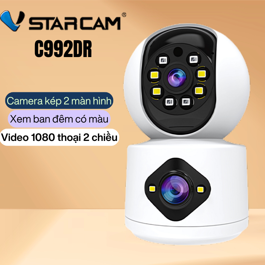 Camera Wifi hai mắt Vstarcam C992DR Full HD xoay 360 độ, đàm thoại 2 chiều, xem 2 màn hình ...