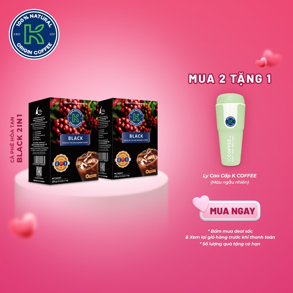 [COMBO 2 TẶNG 1 LY] Cà Phê Đen Hòa Tan K Black 2in1 255g (Hộp 15 Gói x 17g) - Thương Hiệu K ...