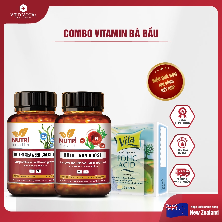 COMBO VITAMIN BÀ BẦU: NUTRI SEAWEED CALCIUM, NUTRI IRON BOOST, FOLIC ACID| Canxi, sắt, acid ...