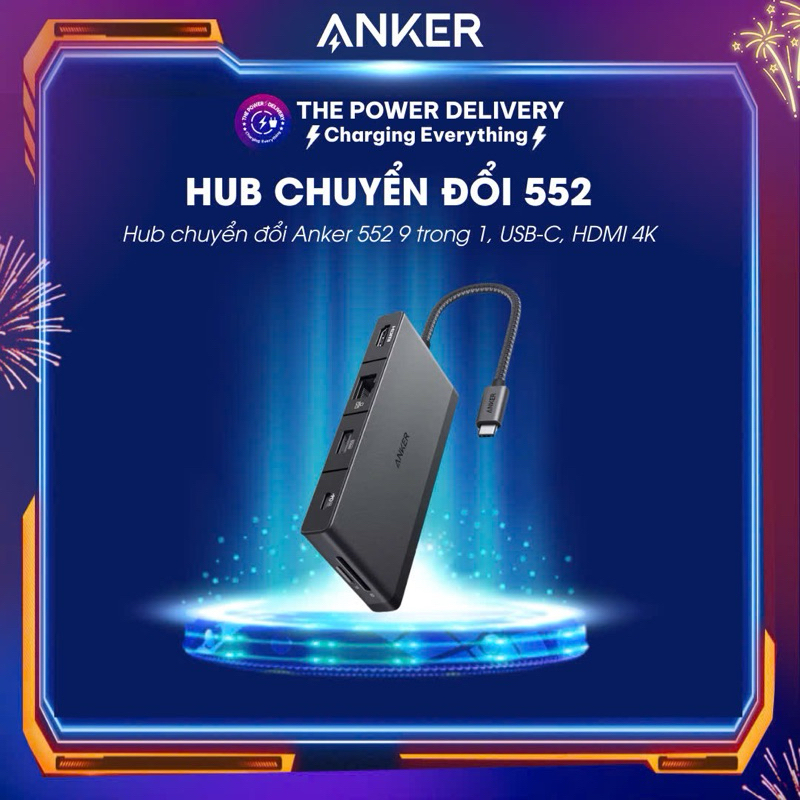Hub chuyển đổi Anker 552 9 trong 1, USB-C, HDMI 4K, hỗ trợ 100W PD, Ethernet and SD/microSD ...