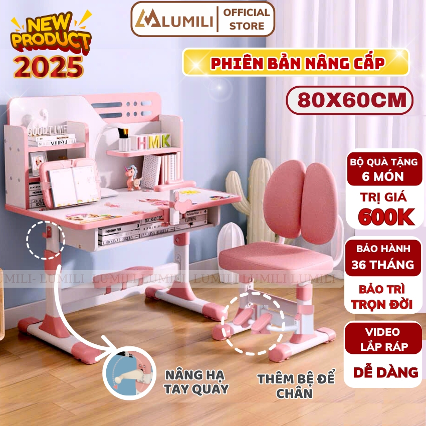 Bàn ghế ngồi học chống gù Lumili C05+,phiên bản nâng cấp mới, tăng chỉnh độ cao tay quay,có bệ ...