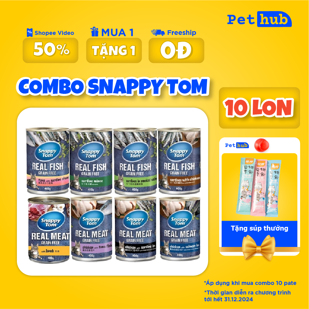 COMBO 10 Lon Pate Snappy Tom Hộp 400G Cho Mèo Mọi Lứa Tuổi, Dạng Nguyên Miếng, Sốt, Nhuyễn ...