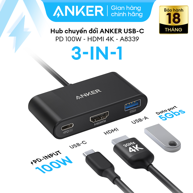 Hub chuyển đổi ANKER USB-C 3-in-1- Hỗ trợ PD 100W, HDMI 4K - A8339 | Shopee Việt Nam