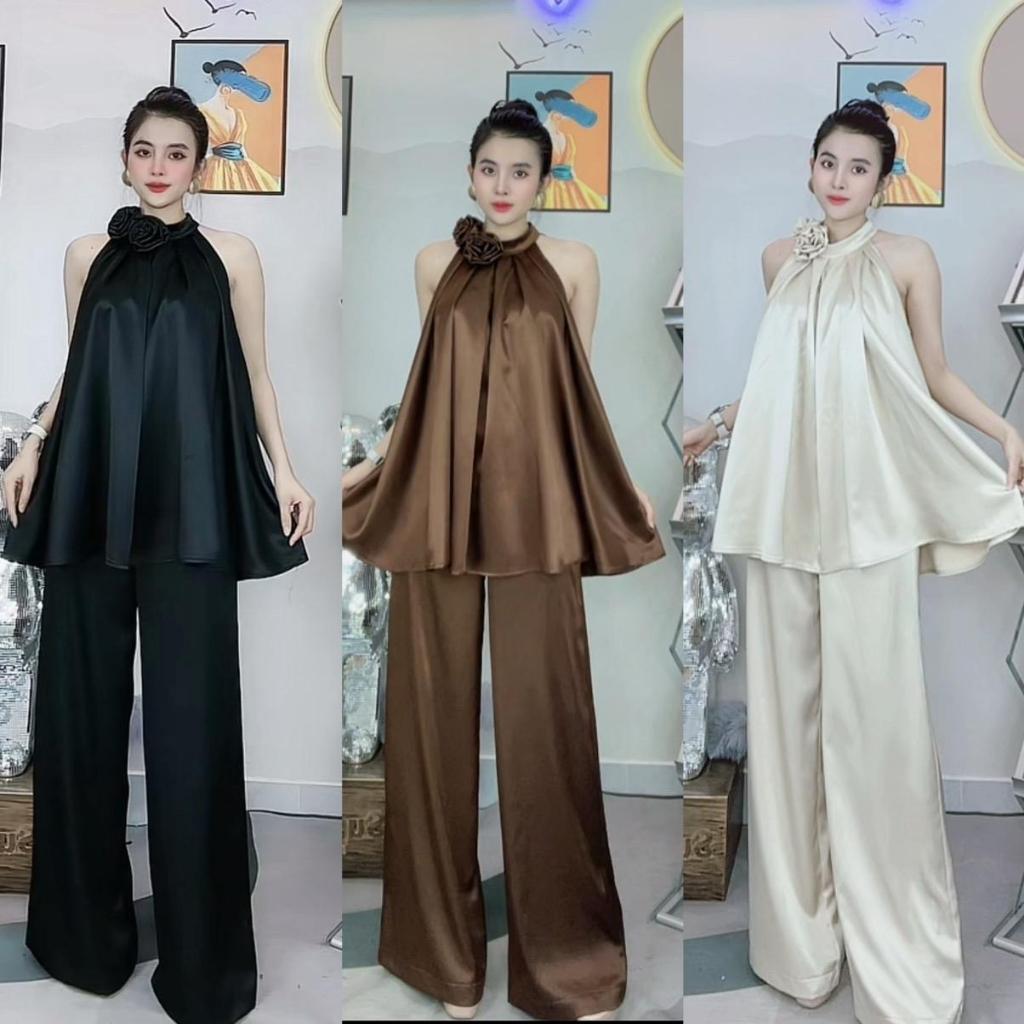 T205- Set thiết kế cổ yếm kèm bông cổ quần cạp cạp khóa kéo sau lụa phi ...