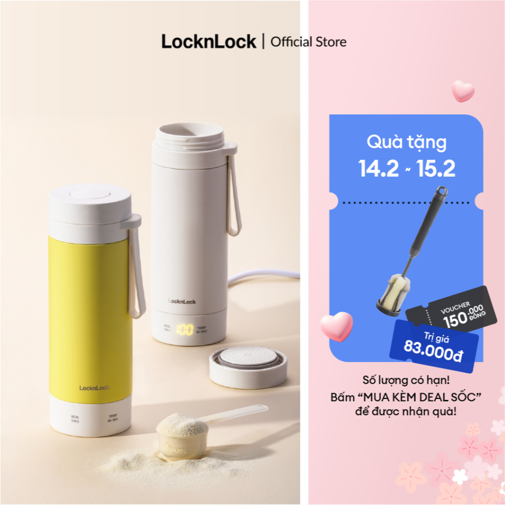 Bình đun giữ nhiệt 2 trong 1 LocknLock Heating tumbler 300ml màu vàng, ngà bằng thép không gỉ ...