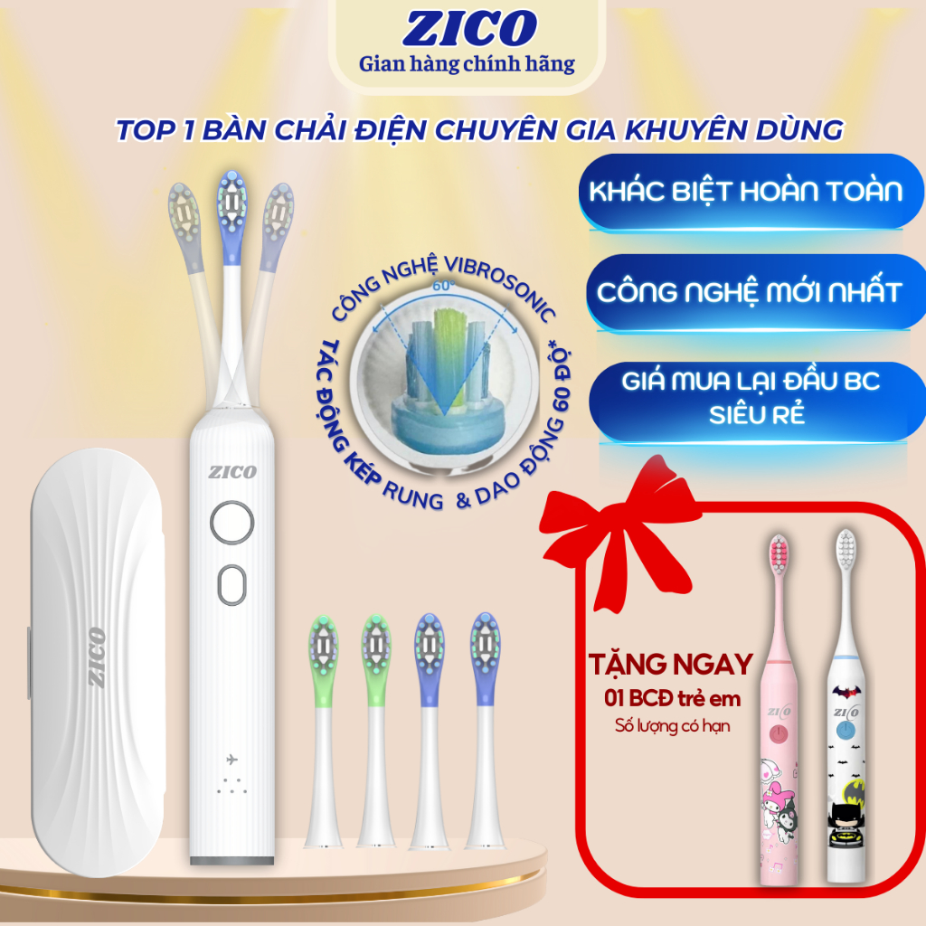 [TẶNG 01 BÀN CHẢI ĐIỆN CHO BÉ] Bàn Chải Điện CAO CẤP ZICO XO100 Pro Vibrosonic tiên tiến Tác ...