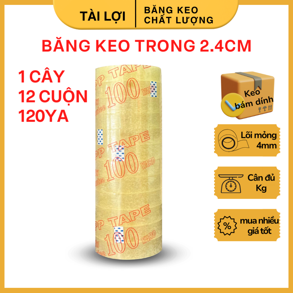 12 cuộn băng keo trong 2F4, 2.4cm 1.4Kg 120yard lõi mỏng, băng keo bó hoa, quấn hoa, băng keo ...
