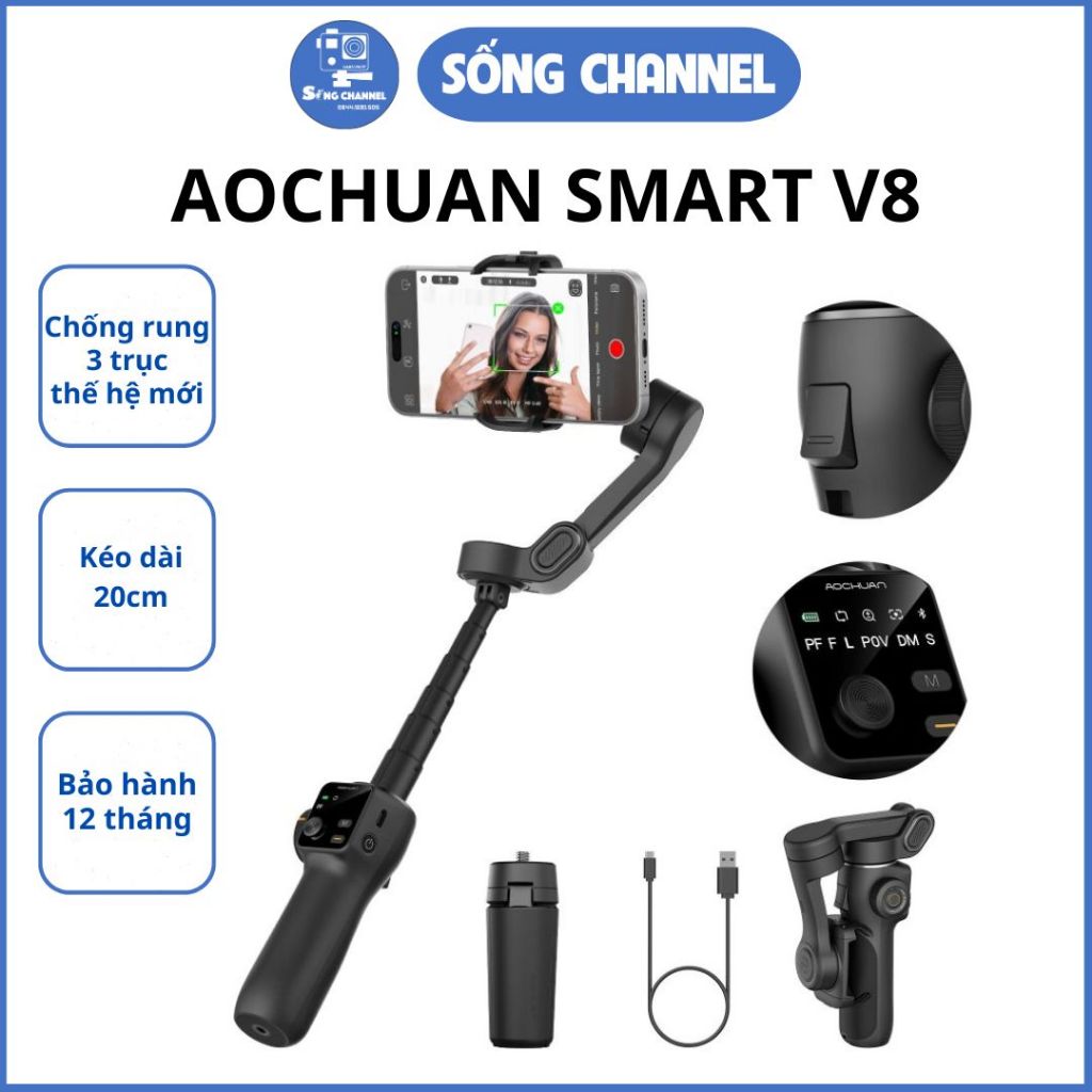 Gimbal Chống Rung Aochuan Smart V8, tay cầm chống rung kéo dài, bảo hành chính hãng 12 tháng ...