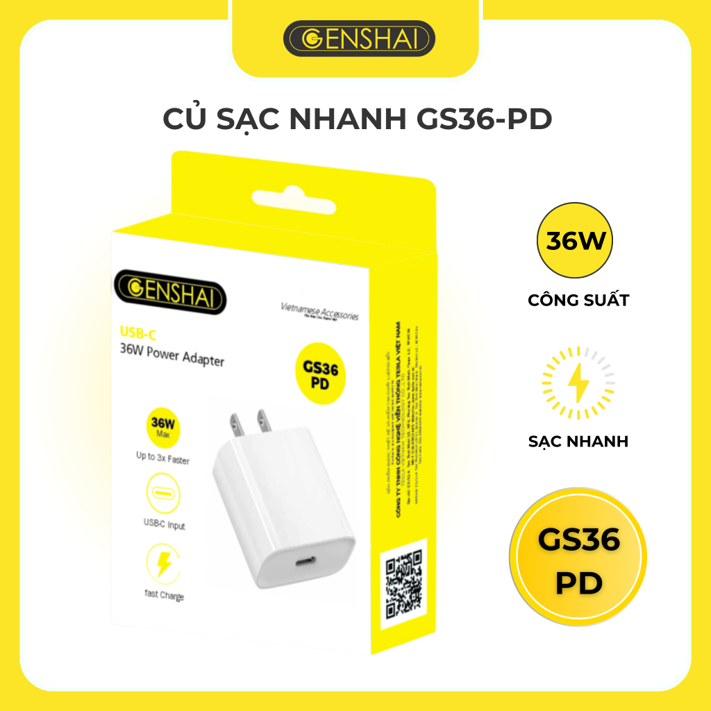 Củ sạc nhanh 36W GENSHAI GS36PD PD&QC 3.0 IBảo hành 12 tháng 1 đổi 1I ...