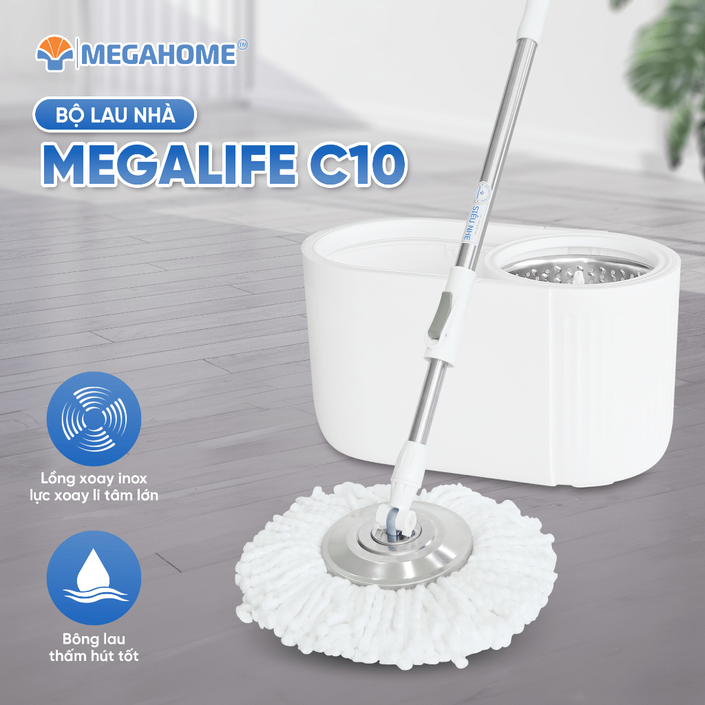 Bộ lau nhà Megahome xoay 360 độ Megalife C10 - Thiết kế hiện đại, lồng inox chống gỉ, dễ làm ...