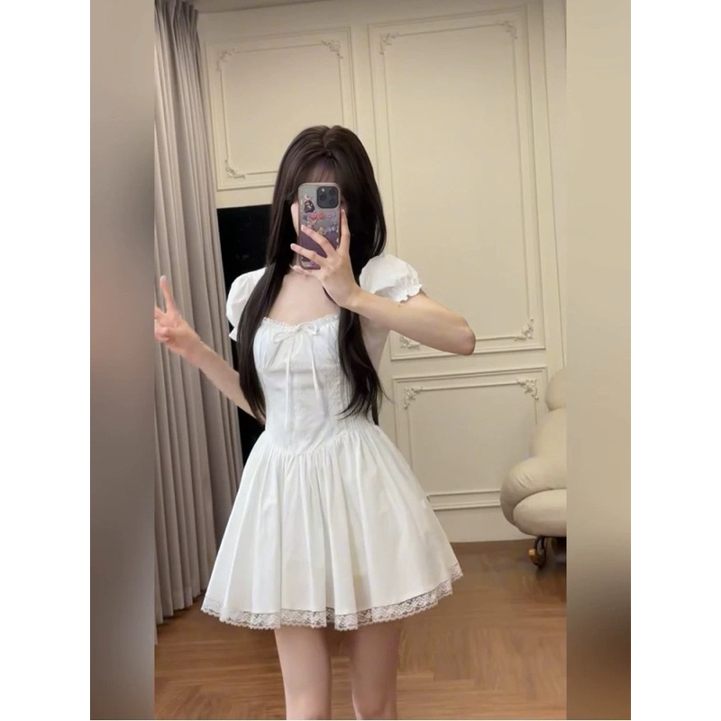 Váy tay phồng dáng xoè phối chân ren | Shopee Việt Nam