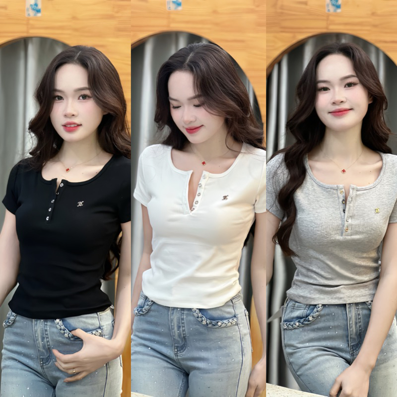 Áo phông cổ u cài khuy Qc chata tăm ôm body | Shopee Việt Nam