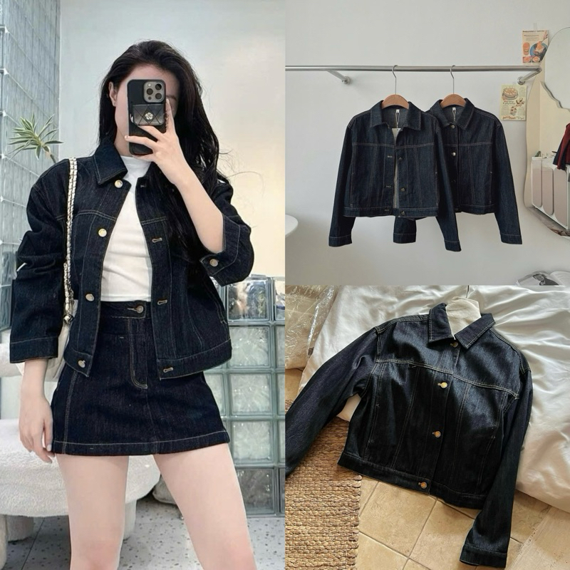 Áo khoác jeans nữ màu xanh than chỉ nổi tay dài 9096 | Shopee Việt Nam