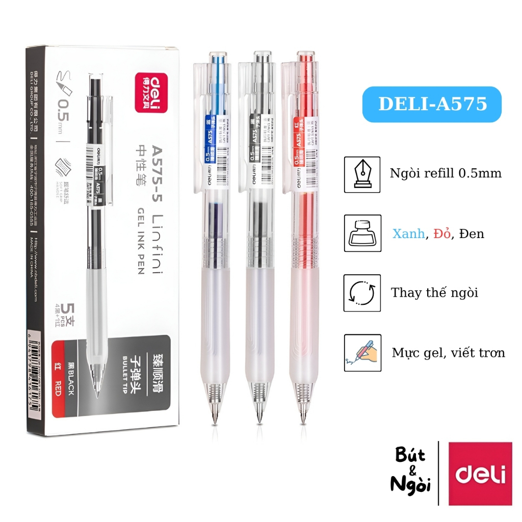 Combo 5 Chiếc Bút Bi Nước Đen Xanh Đỏ Gel Bấm Deli A575 3 màu mực Viết ...