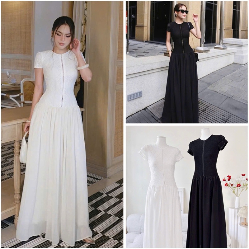 ( Sam’s Clothing ) Đầm midi ren cổ tròn tay phồng phối tùng xoè dáng ...