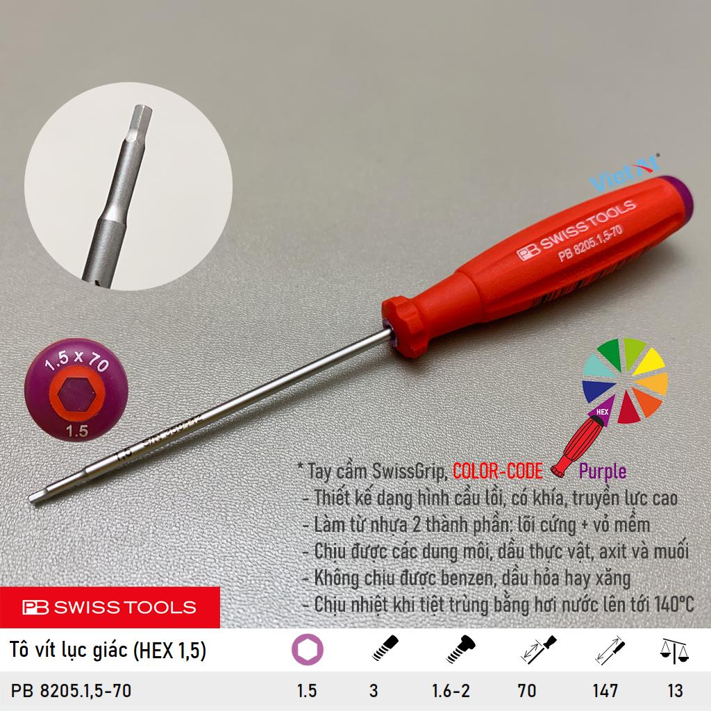 Tô vít lục giác PB 8205.1,5-70 (HEX 1,5) dài 147mm, tay cầm SwissGrip/Color Code/Pruple | PB ...