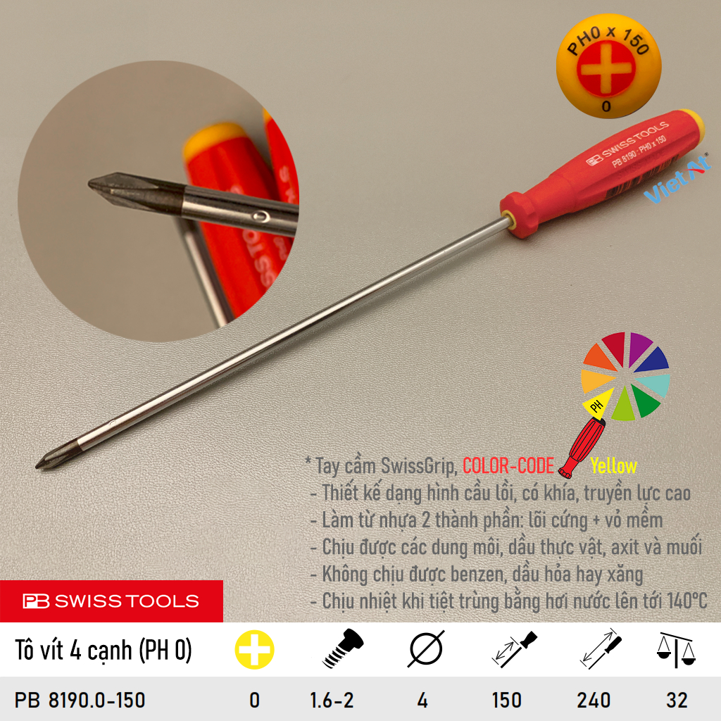 GIẢM GIÁ [ Han gỉ ] Tô vít 4 cạnh PB 8190.0-150 (PH 0) dài 240mm, tay ...