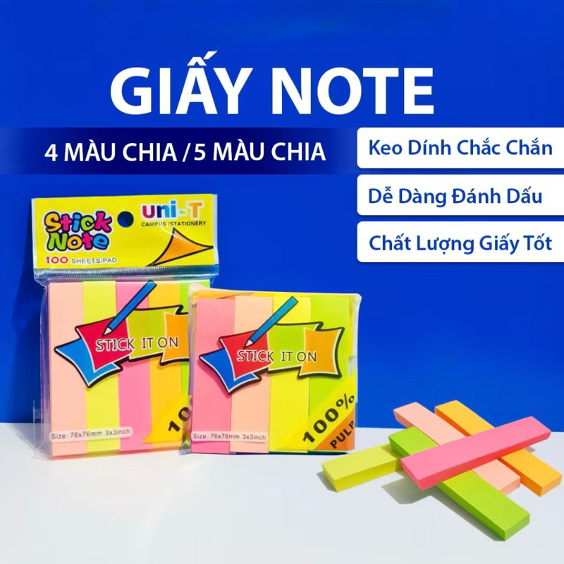 Giấy Note 4 màu , 5 màu chia , Giấy note dạ quang UNI-T giấy ghi chú ...