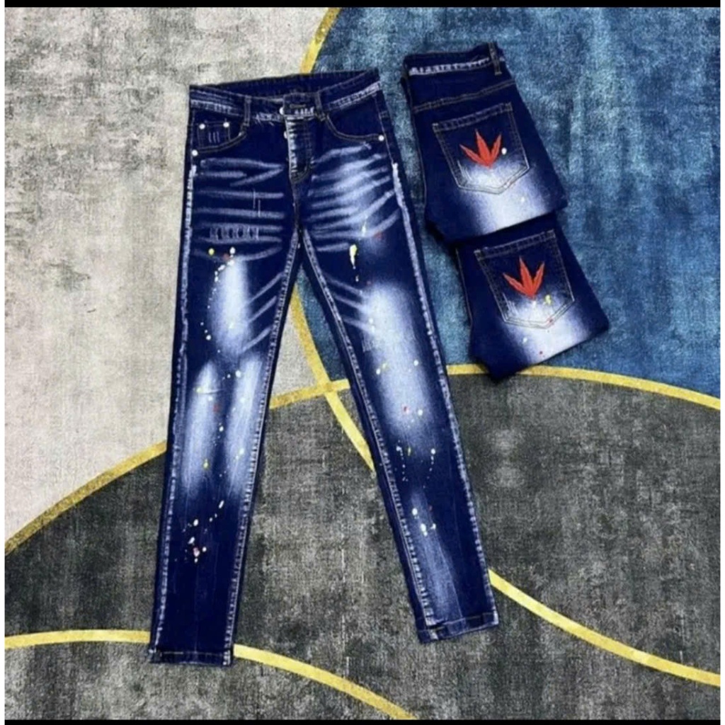 Quần Jean nam boy phố DSQ Xanh thêu lá Phong Đỏ chất jean co giãn form ...