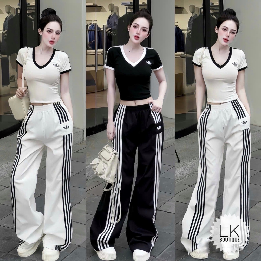 Set bộ das áo thun cộc tay croptop cổ V mix quần suông dài cạp chun ...