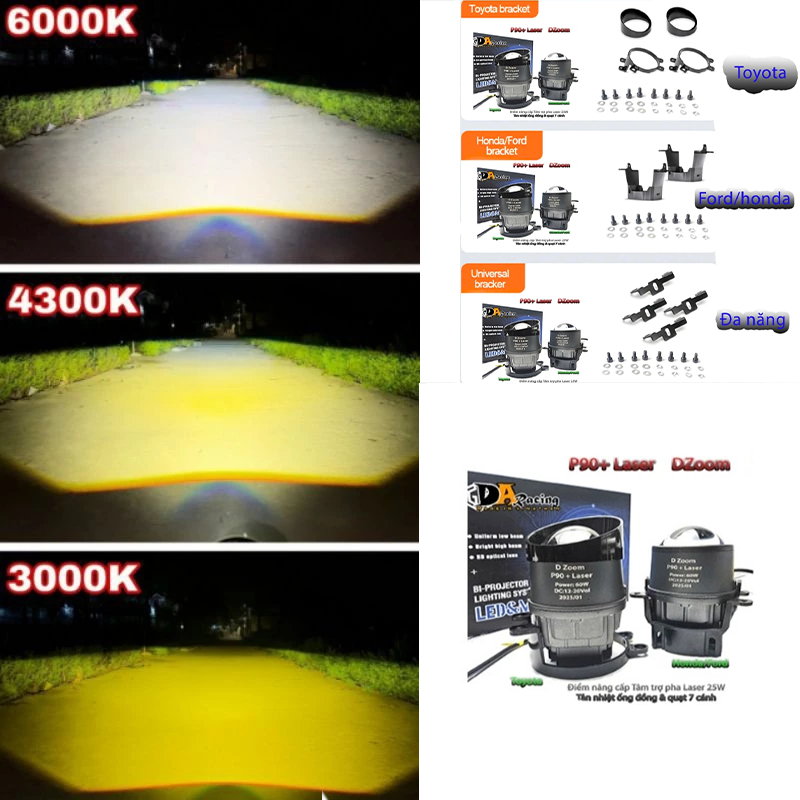 Đèn bi gầm Led 3 màu 3.0 inch P90+ laser , P80+, p80, p70 siêu sáng, 3 màu 45-65W chống nước ...