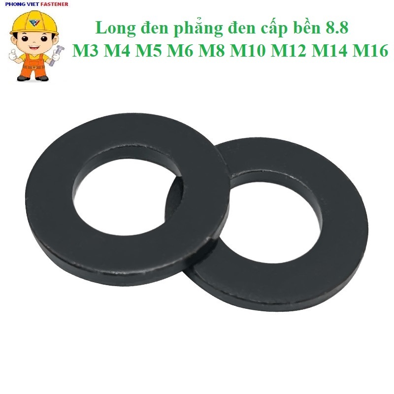 (Đen 8.8)10 cái long đen phẳng M3, M4, M5, M6,M8, M10, M12,M14, M16 ...