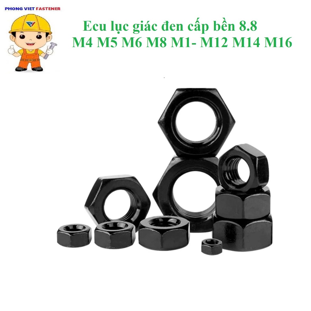 (ĐEN 8.8) 10 cái M4,M5,M6,M8,M10,M12,M14,M16 Ecu lục giác thép mạ đen cấp bền 8.8 M4-M16 ...