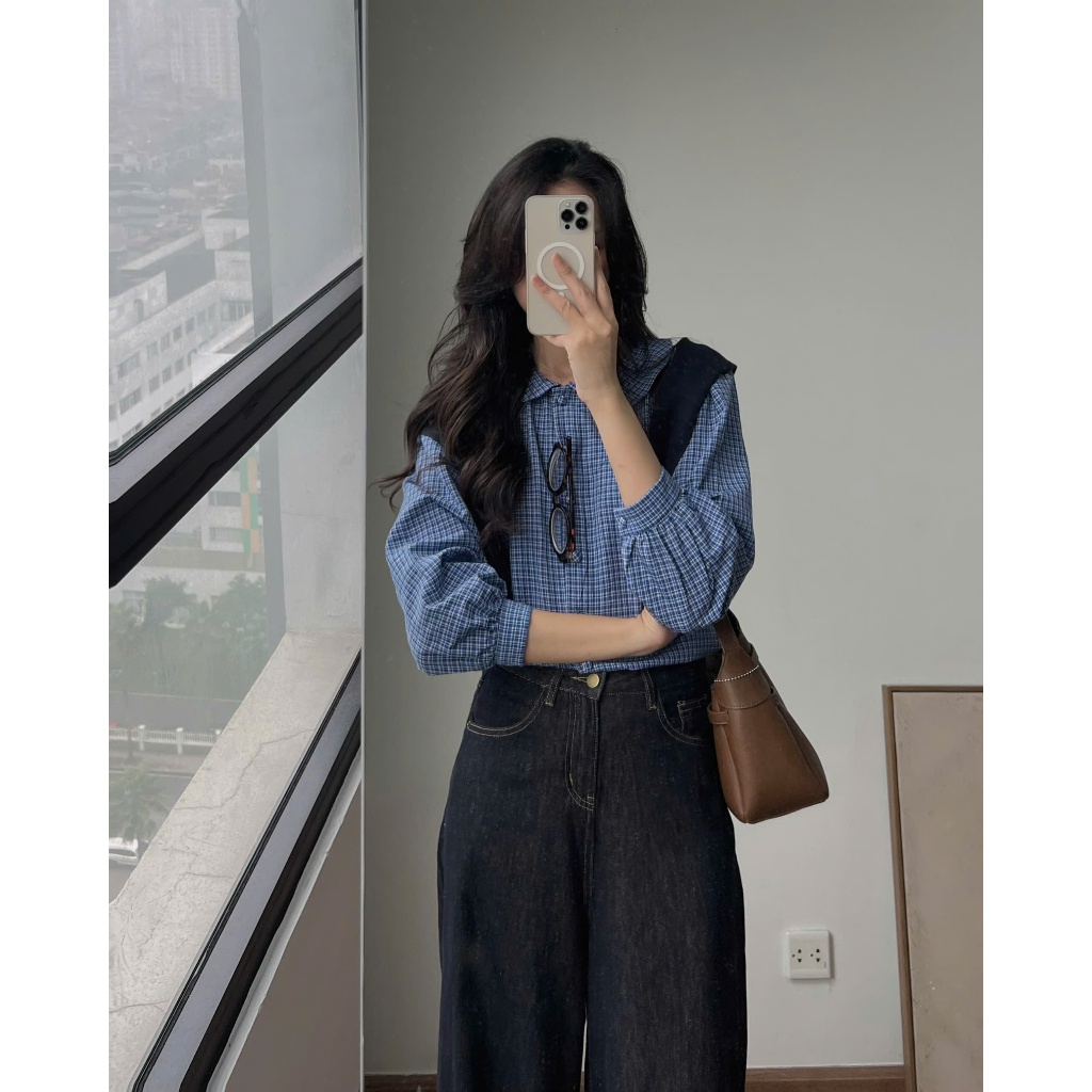 A793 Áo sơ mi kẻ cổ sen Audrey | Shopee Việt Nam