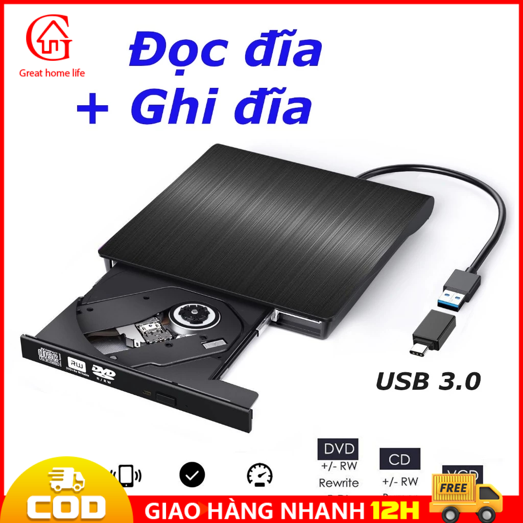 【🔥COD/12H】ầu DVD Đầu đọc CD Đầu ghi DVD Đĩa CD/DVD-RW gắn ngoài USB 3.0 ...