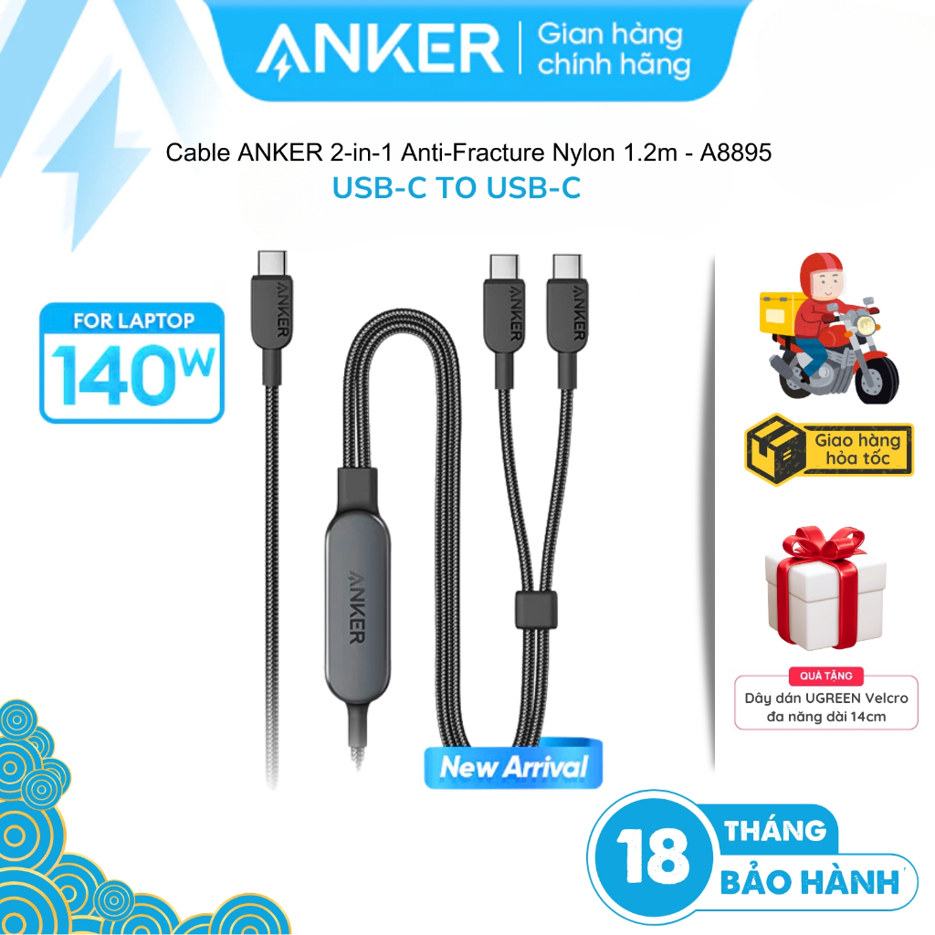 Cáp sạc nhanh đa năng ANKER (2-in-1) A8895 | Hổ trợ 140W USB-C to C | bện Nylon chống đứt gãy ...