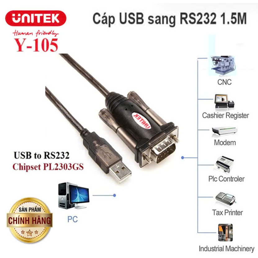 Cáp USB to Com Unitek Y-105 (USB to RS232 dài 1.5M) | Shopee Việt Nam