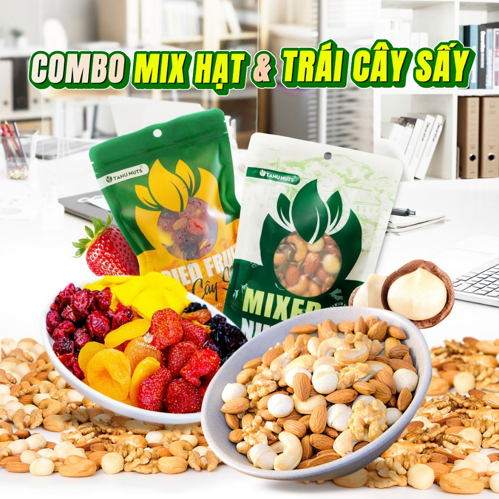 Combo hạt dinh dưỡng mix túi 175g và trái cây sấy dẻo mix túi 285g TANU NUTS ăn vặt giảm cân, bà ...