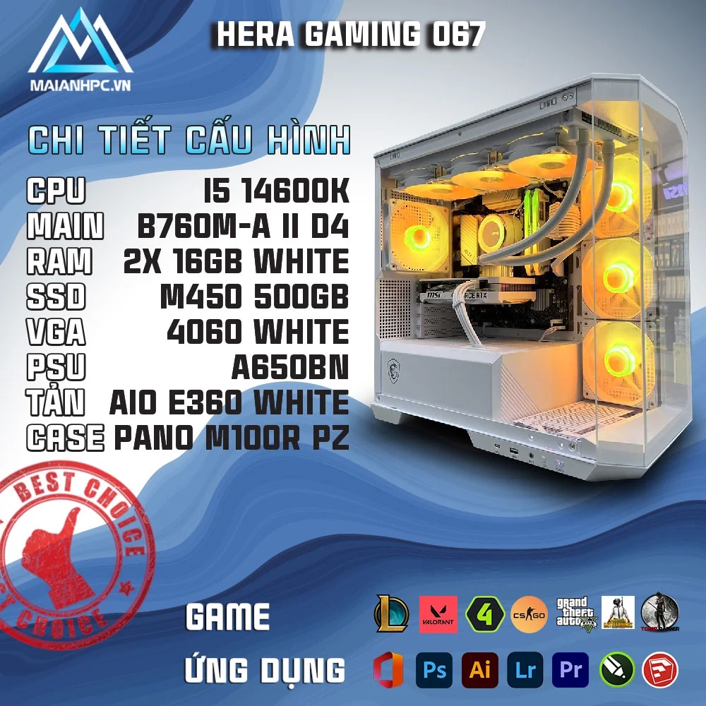 Bộ máy tính bàn PC HERA GAMING 067 ( I5-14600K | B760M-A D4 | RAM 32GB | RTX 4060 White ...