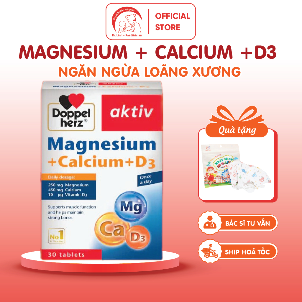 Viên uống bổ sung Canxi phòng ngừa loãng xương Doppelherz Magnesium + Calcium + D3 (Hộp 30 viên ...