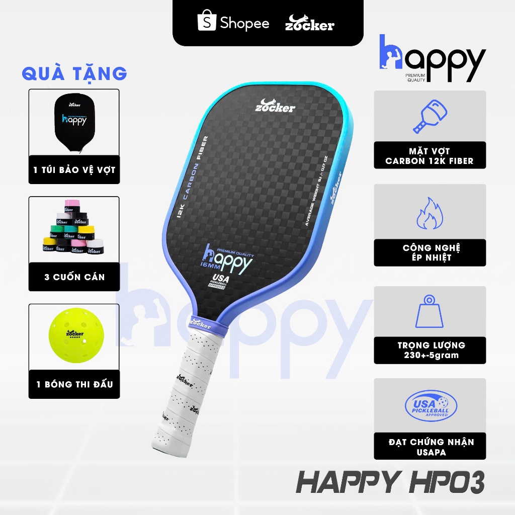 Vợt Pickleball Zocker Happy HP03 Premium Quality Màu Mới + 1 túi bảo vệ ...