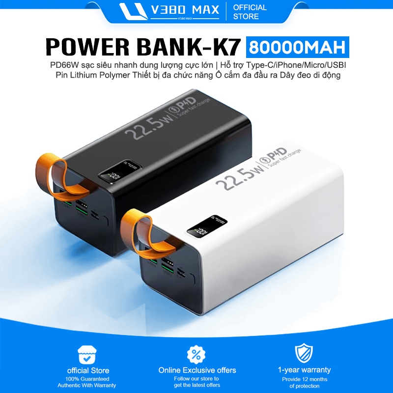 sạc dự phòng power bank v380 max pd22.5w 30000mah 50000mah 80000mah hpin dự phòng màn hình led ...