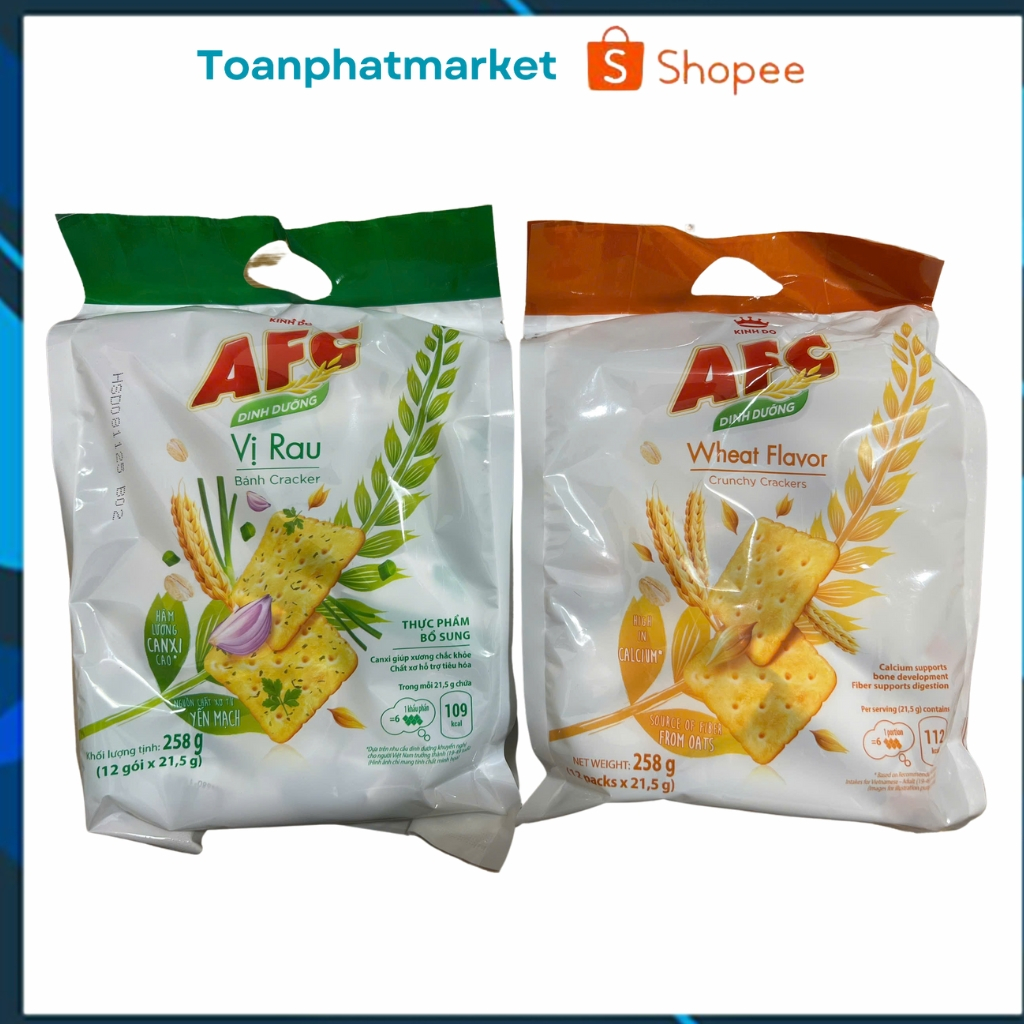 Túi bánh AFC đủ vị 258g,Túi bánh quy dinh dưỡng AFC 258g đủ vị, bánh AFC túi vị rau lúa mỳ Kinh ...