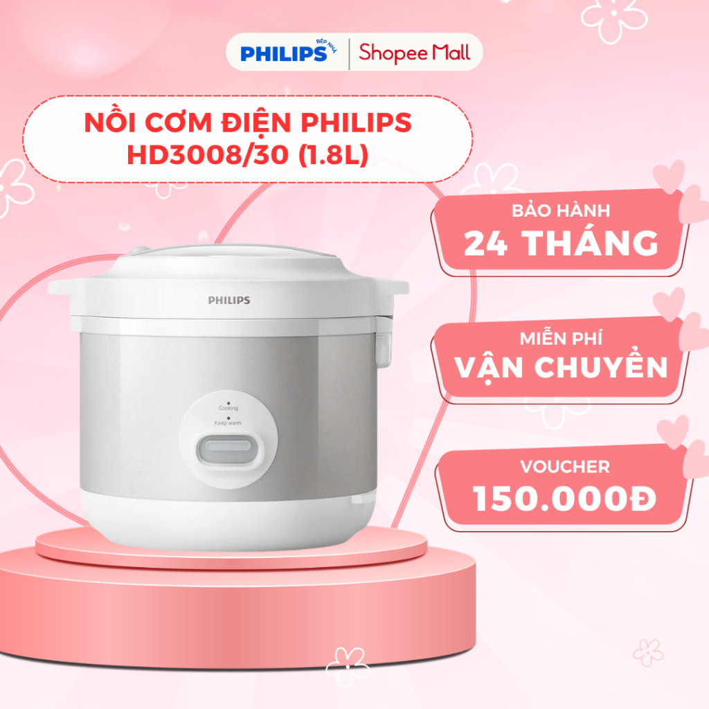Nồi cơm điện Philips HD3008/30 (1.8L - 775W) Kèm xửng hấp, giữ ấm đến ...