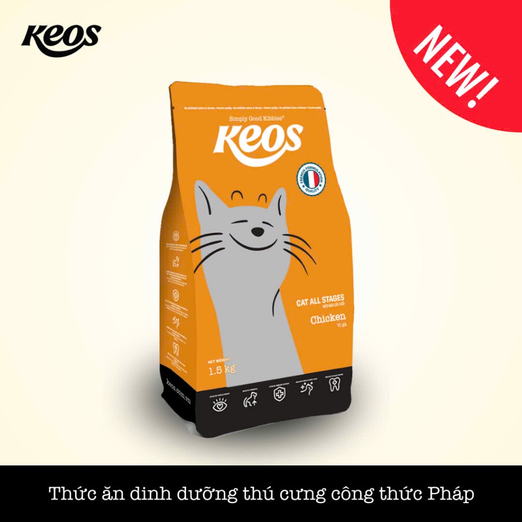 Keos Thức ăn hạt dinh dưỡng hoàn chỉnh cho Mèo trưởng thành vị gà, hải sản, cá ngừ size 1,5kg ...