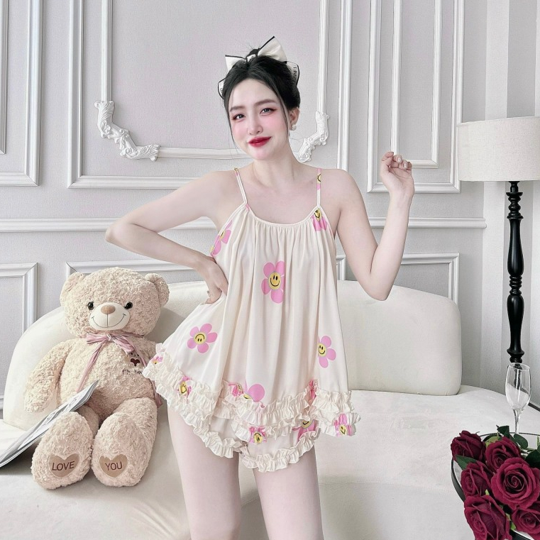 Đồ ngủ 2 dây lai bèo nhún cực lạ, áo ngủ dáng yếm tôn dáng DN123 ...