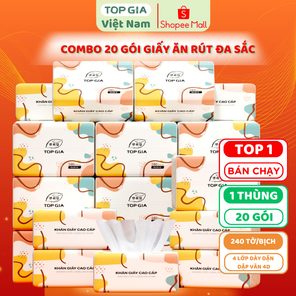 Giấy ăn rút Topgia thùng 20 gói đa sắc cao cấp 240 tờ 4 lớp, dập vân 4D ...
